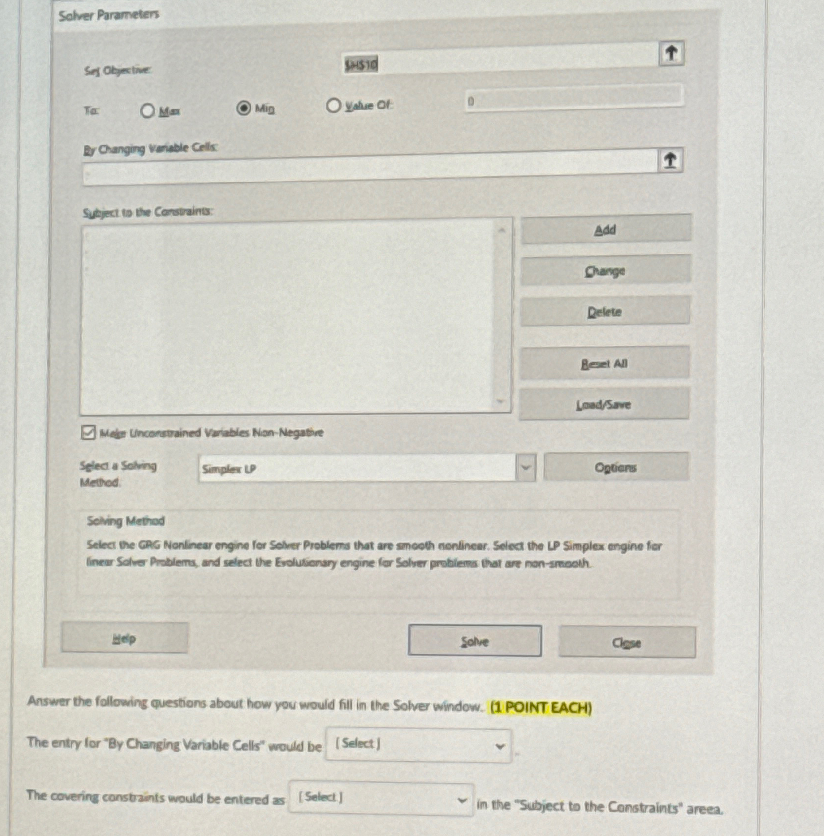 Solved Solver ParametensSer Obyective:Te.MaxMinyalive of:D. | Chegg.com