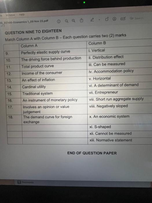 Solved QUESTION NINE TO EIGHTEEN END OF QUESTION PAPER | Chegg.com