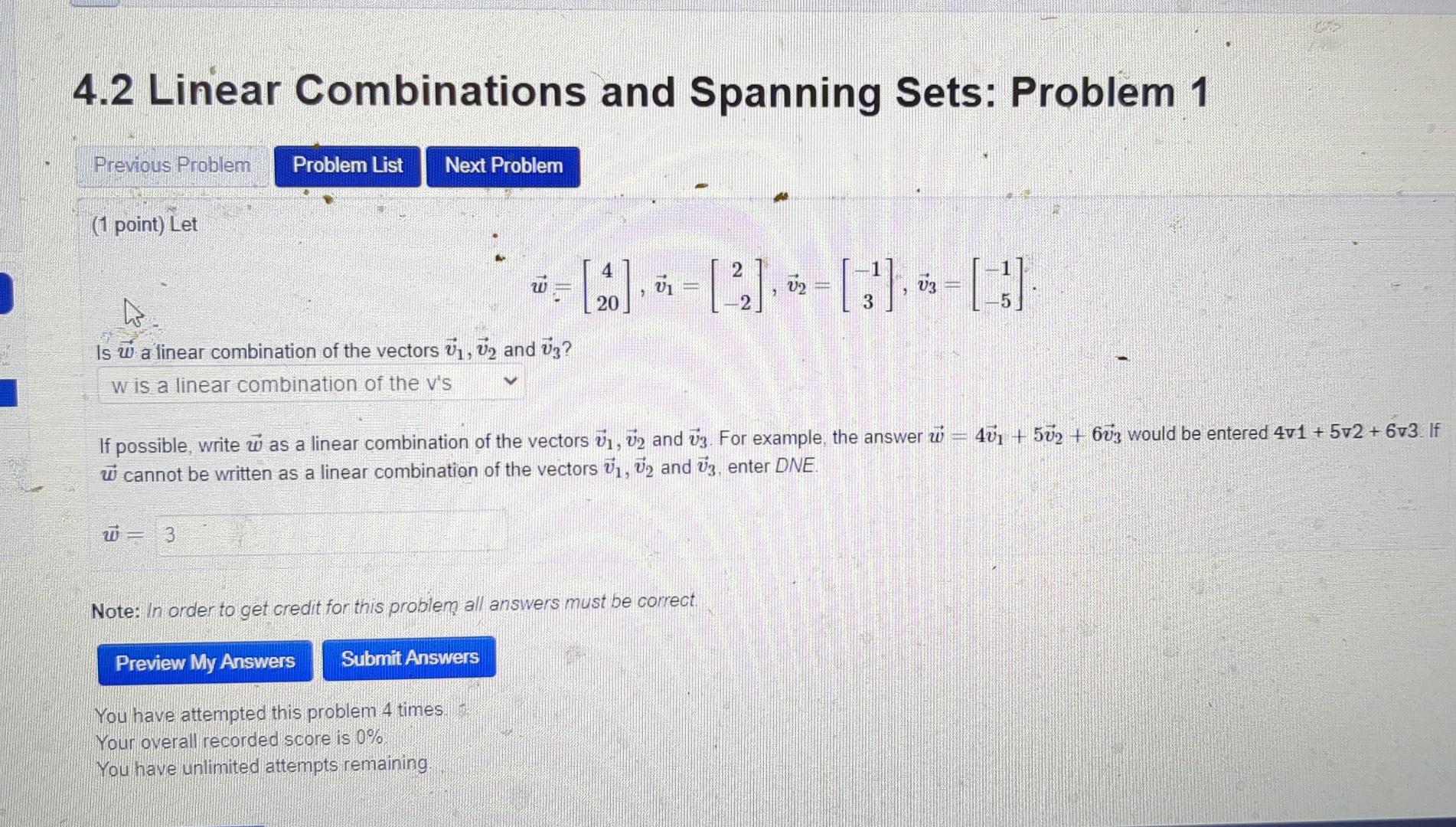 Solved 4.2 Linear Combinations and Spanning Sets: Problem 1 | Chegg.com