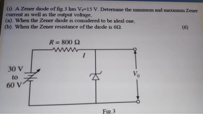 Solved 1. A Zener diode of fig 3 has V=15 V. Determine the | Chegg.com