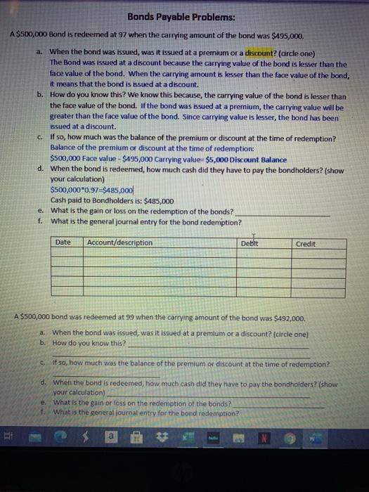 Solved Bonds Payable Problems: A $500,000 Bond is redeemed | Chegg.com