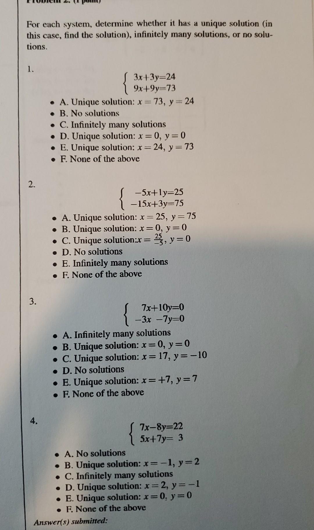 Solved For each system, determine whether it has a unique | Chegg.com