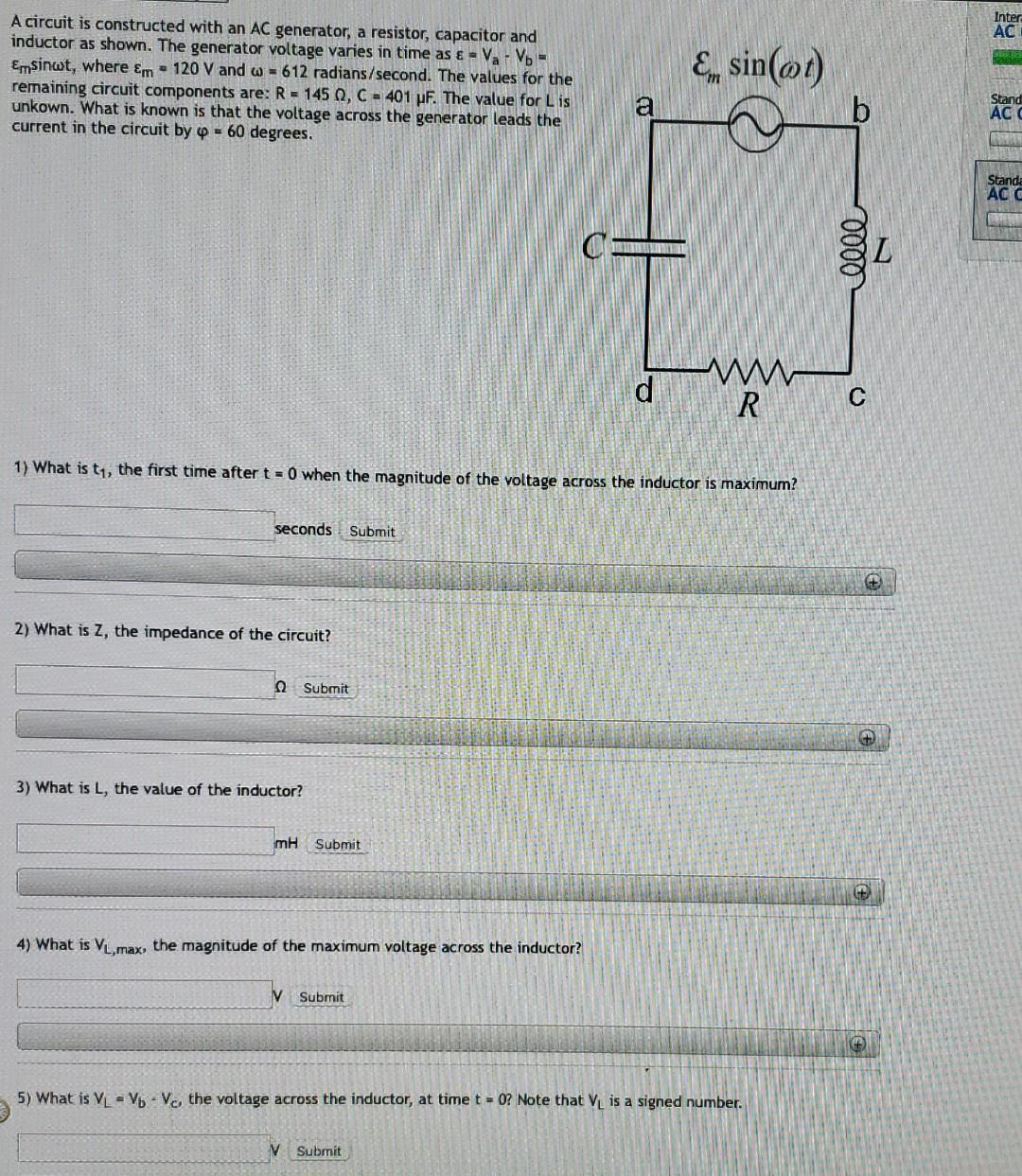 Solved - A circuit is constructed with an AC generator, a | Chegg.com