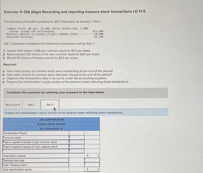 Solved Exercise 11-13A (Algo) Recording and reporting | Chegg.com