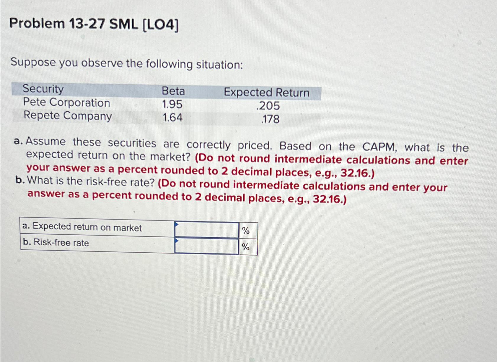 Solved Problem 13-27 ﻿SML [LO4]Suppose you observe the | Chegg.com