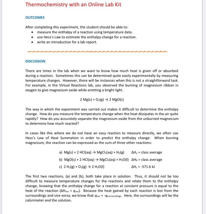 Solved Thermochemistry with an Online Lab Kit OUTCOMES After | Chegg.com