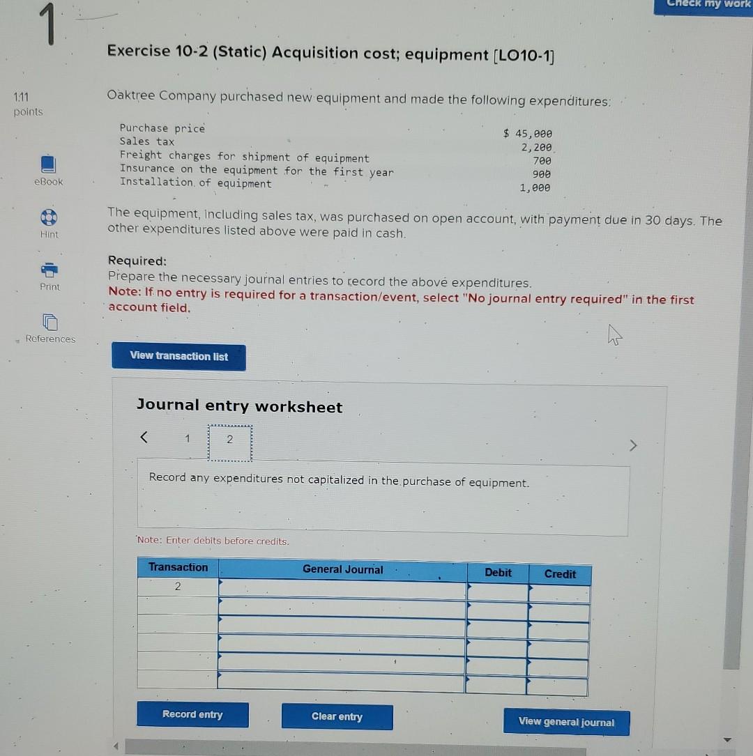 Solved Exercise 10-2 (Static) Acquisition cost; equipment | Chegg.com