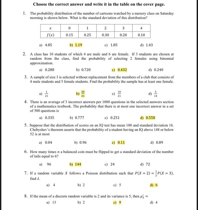 Solved Choose the correct answer and write it in the table | Chegg.com