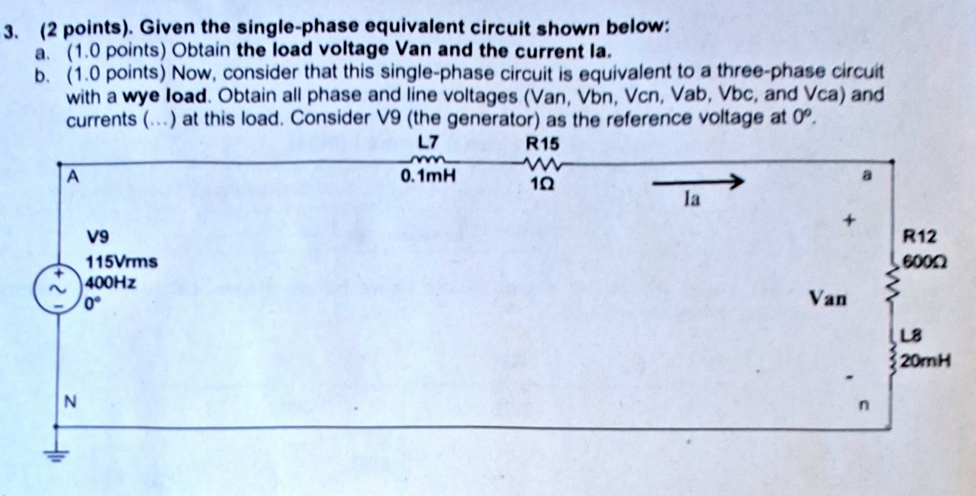 Solved Given the single-phase equivalent circuit shown | Chegg.com