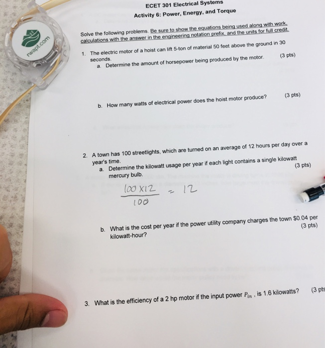 Solved ECET 301 Electrical Systems Activity 6: Power, | Chegg.com