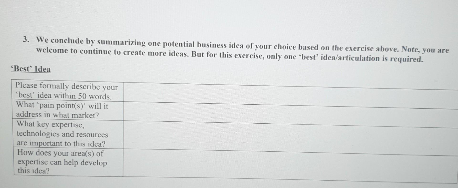 Solved 3. We conclude by summarizing one potential business | Chegg.com