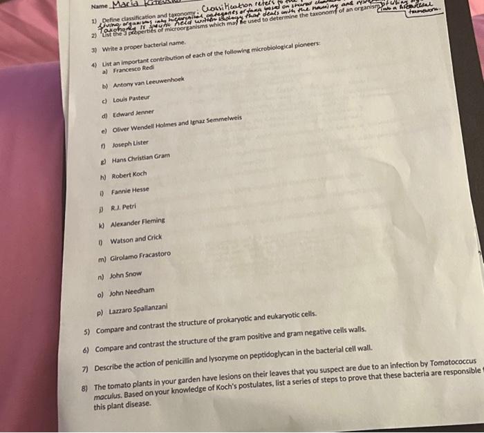 Solved Name Maria 1) Define classification and taxonomy: | Chegg.com