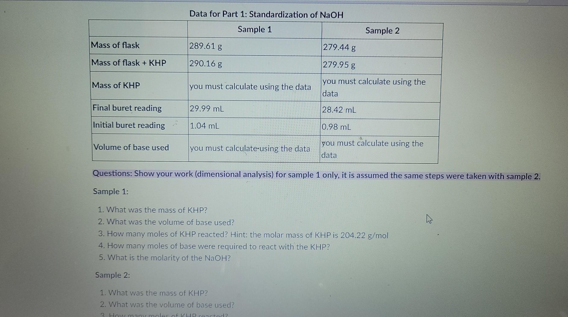 Solved Part 1: Standardization of NaOH In the first part of | Chegg.com