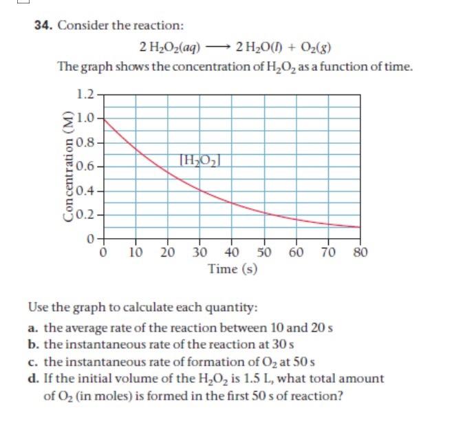 Solved 34. Consider the reaction: 2H2O2(aq) 2H2O(l)+O2(g) | Chegg.com