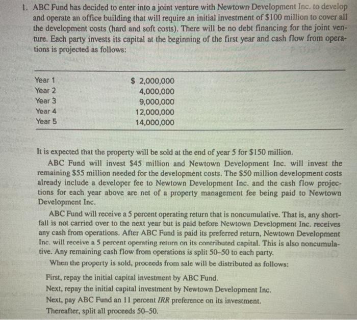 Solved 1. ABC Fund has decided to enter into a joint venture | Chegg.com