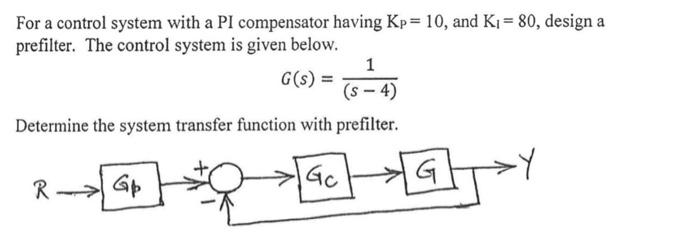 Solved For a control system with a PI compensator having | Chegg.com