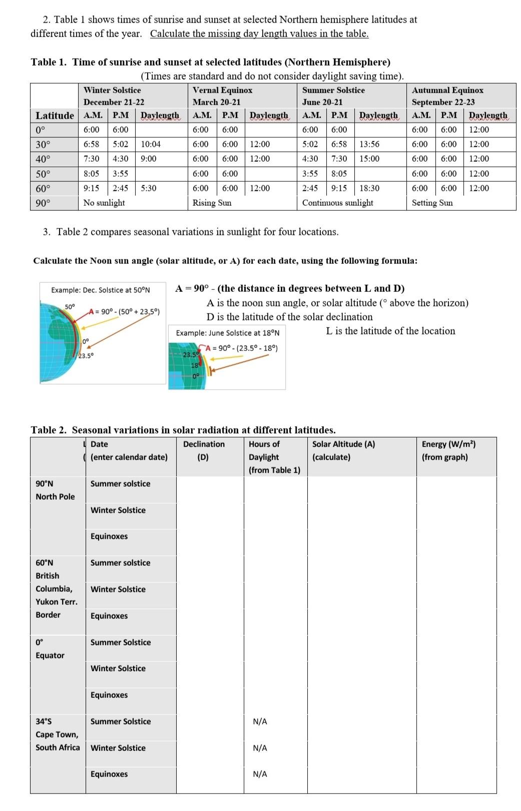 2. Table 1 shows times of sunrise and sunset at | Chegg.com
