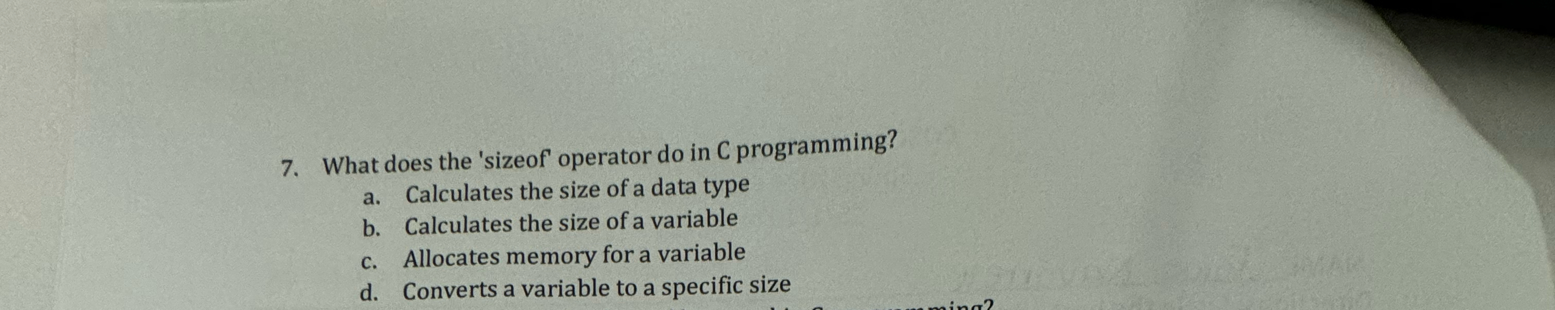 Solved What does the 'sizeof' operator do in C | Chegg.com