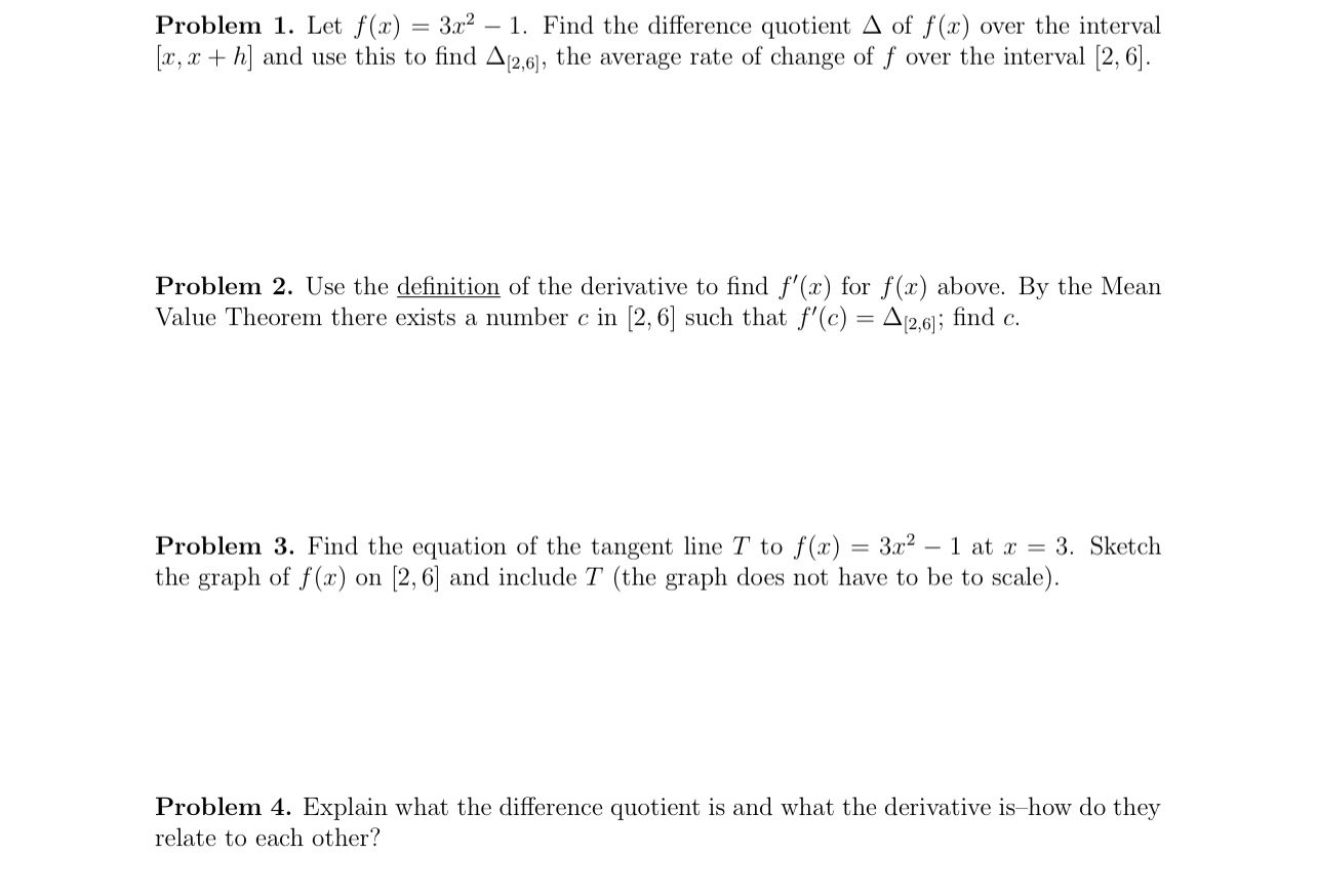Solved Problem 1. ﻿Let f(x)=3x2-1. ﻿Find the difference | Chegg.com