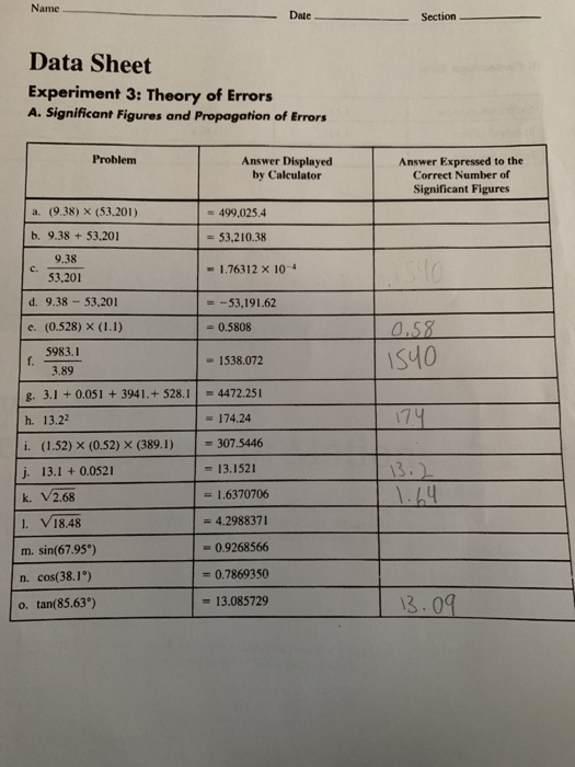 Solved Name Date Section Data Sheet Experiment 3 Theory Of 7880