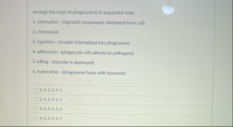 Solved Arrange the steps of phagocytosis in sequential | Chegg.com