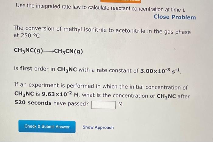 Solved Use the integrated rate law to calculate reactant | Chegg.com