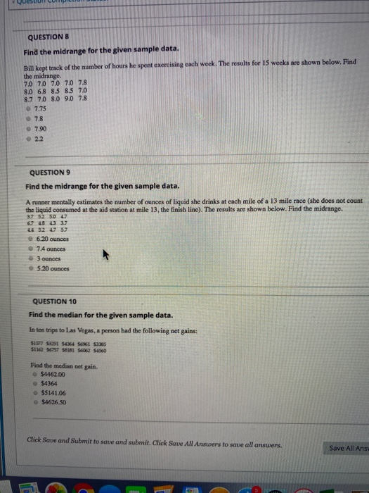 Solved QUESTIONS Find the midrange for the given sample | Chegg.com