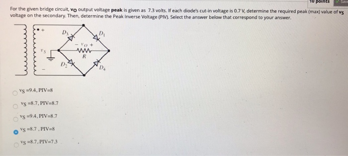 Solved For the given bridge circuit, vo output voltage peak | Chegg.com