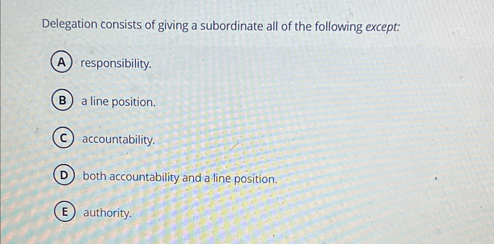 Solved Delegation consists of giving a subordinate all of | Chegg.com