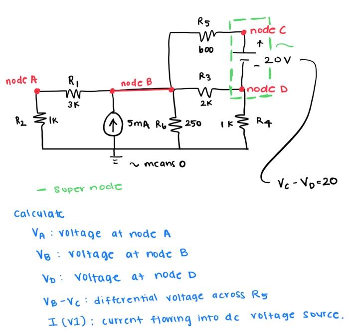Solved nodec R5 w boo tin 20V node A node B RI m 3K R3 w | Chegg.com