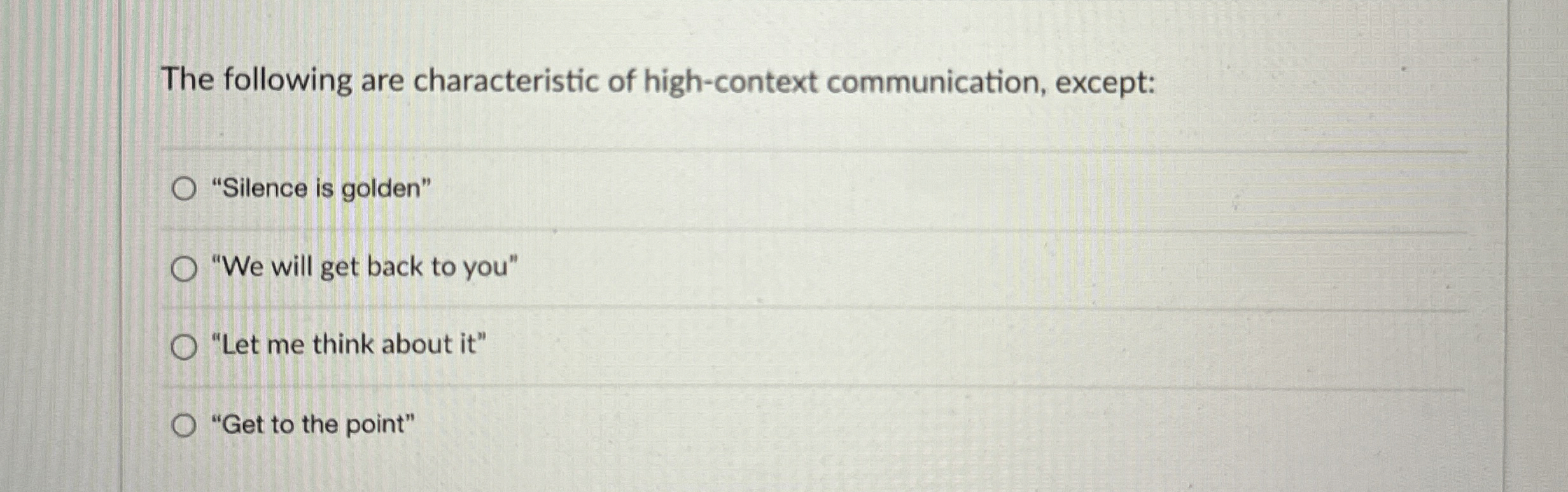 Solved The following are characteristic of high-context | Chegg.com