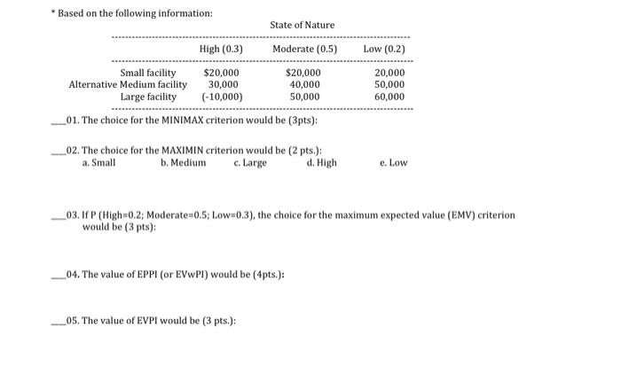 Solved "Based on the following information: State of Nature | Chegg.com