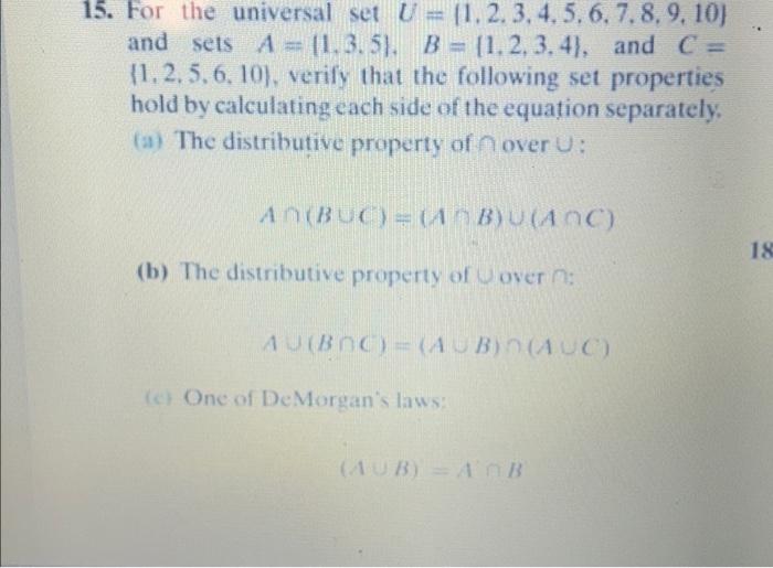 Solved 15. For the universal set U = (1, 2, 3, 4, 5, 6, 7, | Chegg.com
