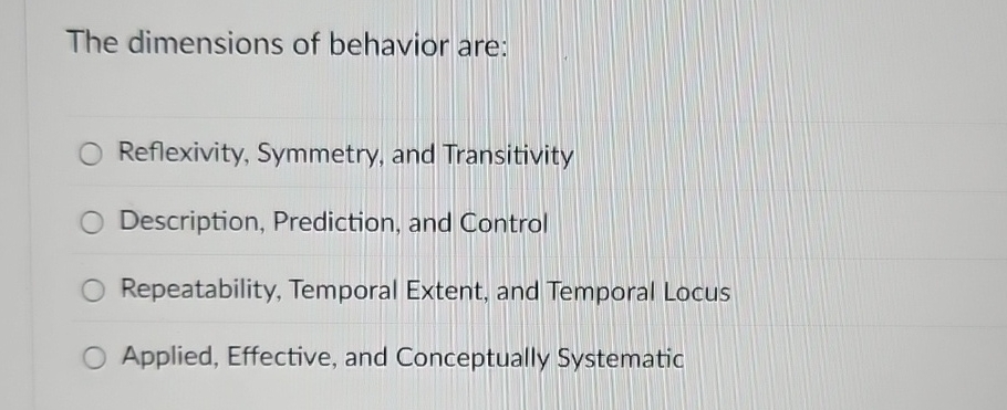 Solved The dimensions of behavior are:Reflexivity, Symmetry, | Chegg.com