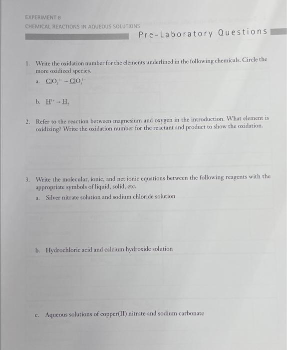 Solved EXPERIMENT B CHEMICAL REACTIONS IN AQUEOUS SOLUTIONS | Chegg.com