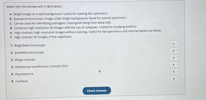Solved Match the microscope with it description. a. Bright | Chegg.com