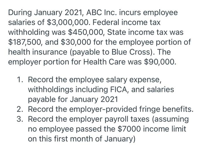 Solved During January 2021, ABC Inc. incurs employee | Chegg.com