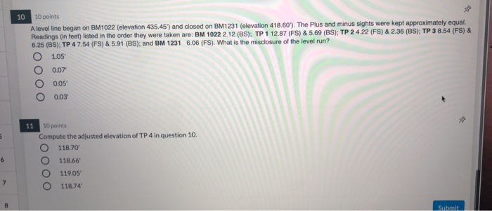 Solved * 10 10 points A level line began on BM1022 | Chegg.com