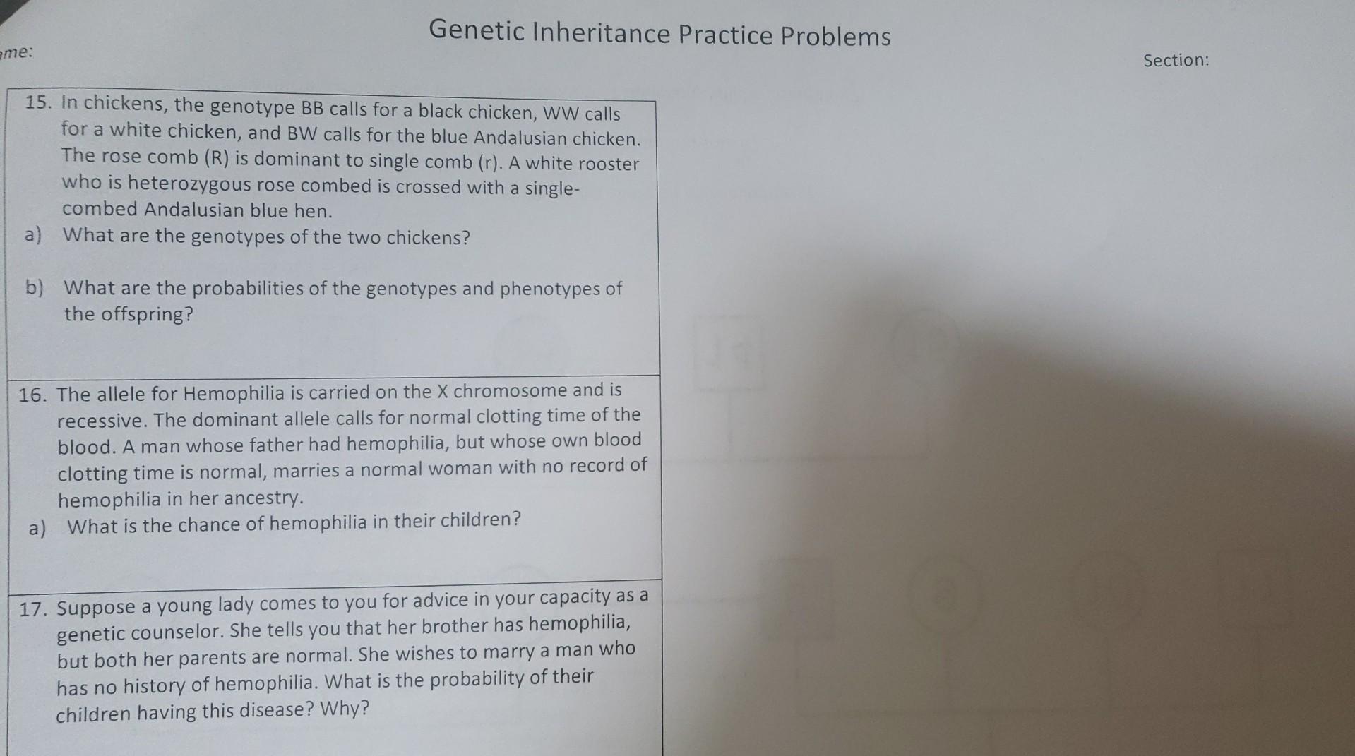 Solved Genetic Inheritance Practice Problems 15. In | Chegg.com