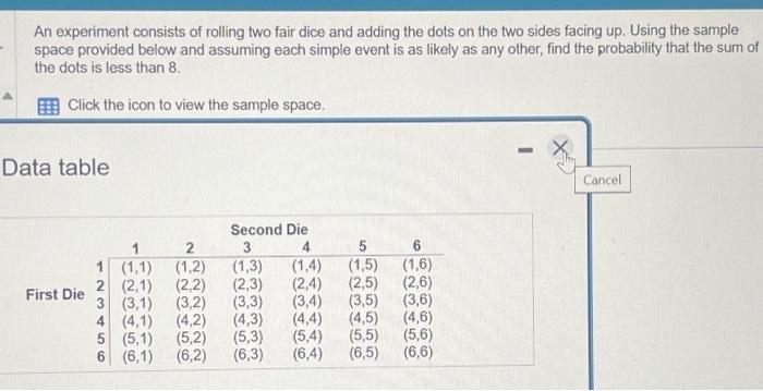 Solved An experiment consists of rolling two fair dice and | Chegg.com