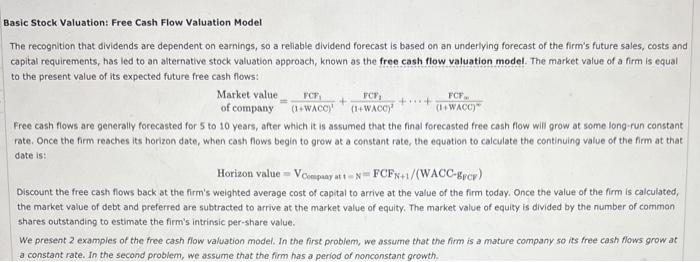 Solved Basic Stock Valuation: Free Cash Flow Valuation Model | Chegg.com