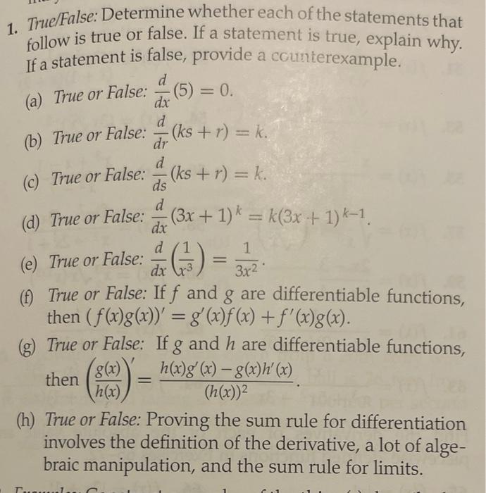 Solved 1. True/False: Determine whether each of the | Chegg.com