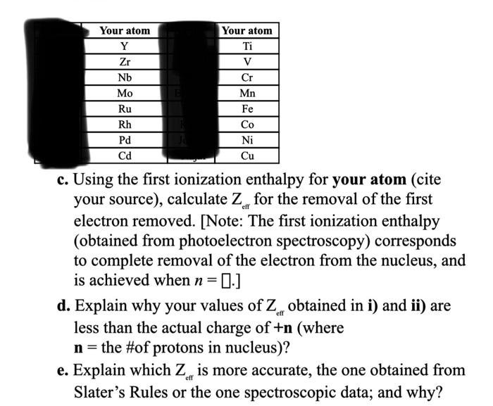 Solved c. Using the first ionization enthalpy for your atom | Chegg.com