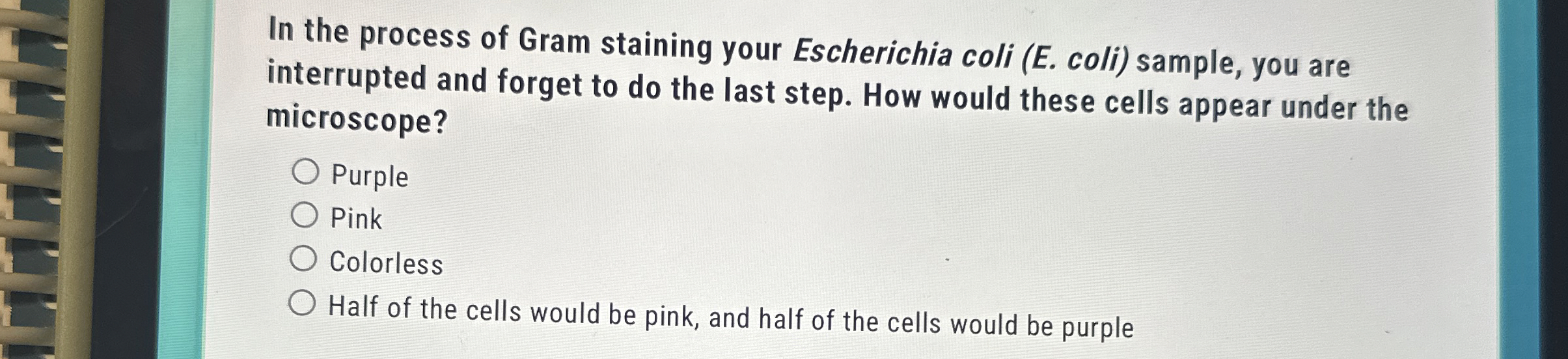Solved In the process of Gram staining your Escherichia coli | Chegg.com