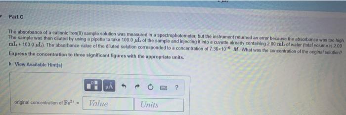Solved Part The absorbance of a Cationic Iron(II) sample | Chegg.com