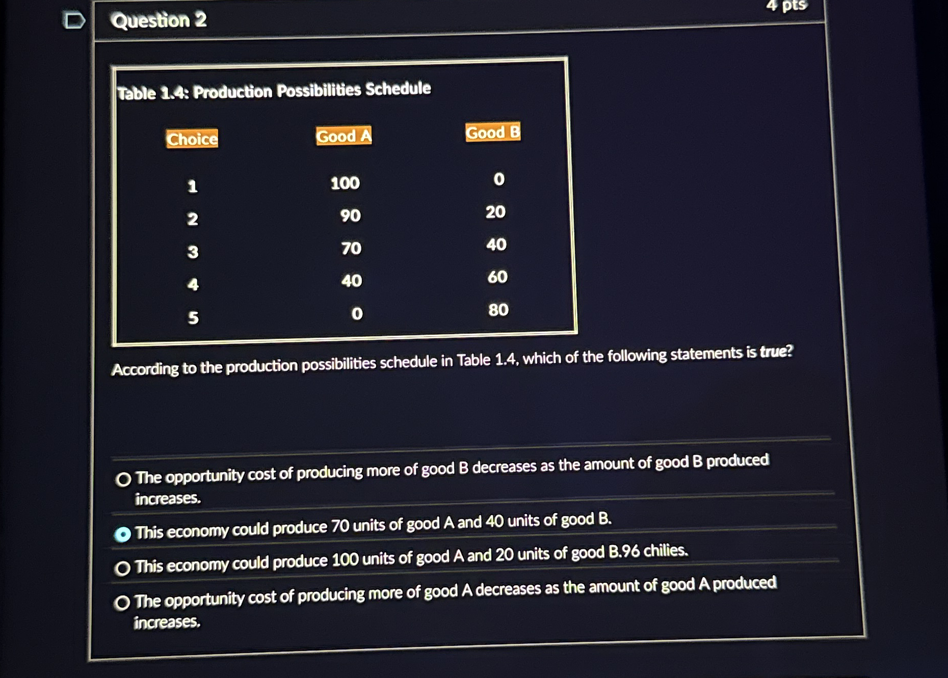 Solved Question 2According to the production possibilities | Chegg.com