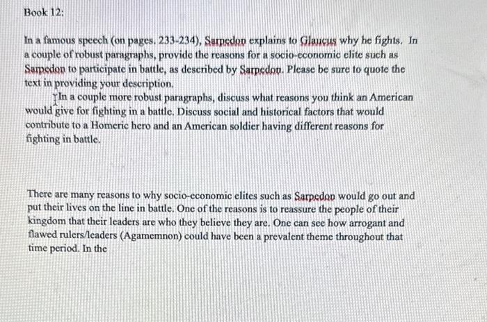 In a famous speech (on pages. 233-234), Sarpedon | Chegg.com