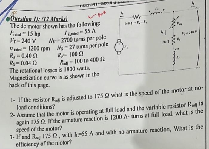 Solved Prated =15hplL, rled =55 A VT=240 VNF=2700 turns per | Chegg.com