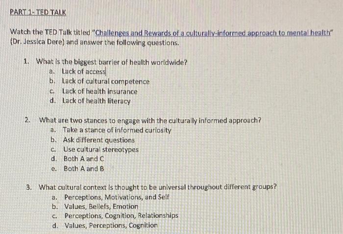 Solved PART 1- TED TALK Watch the TED Talk titled | Chegg.com