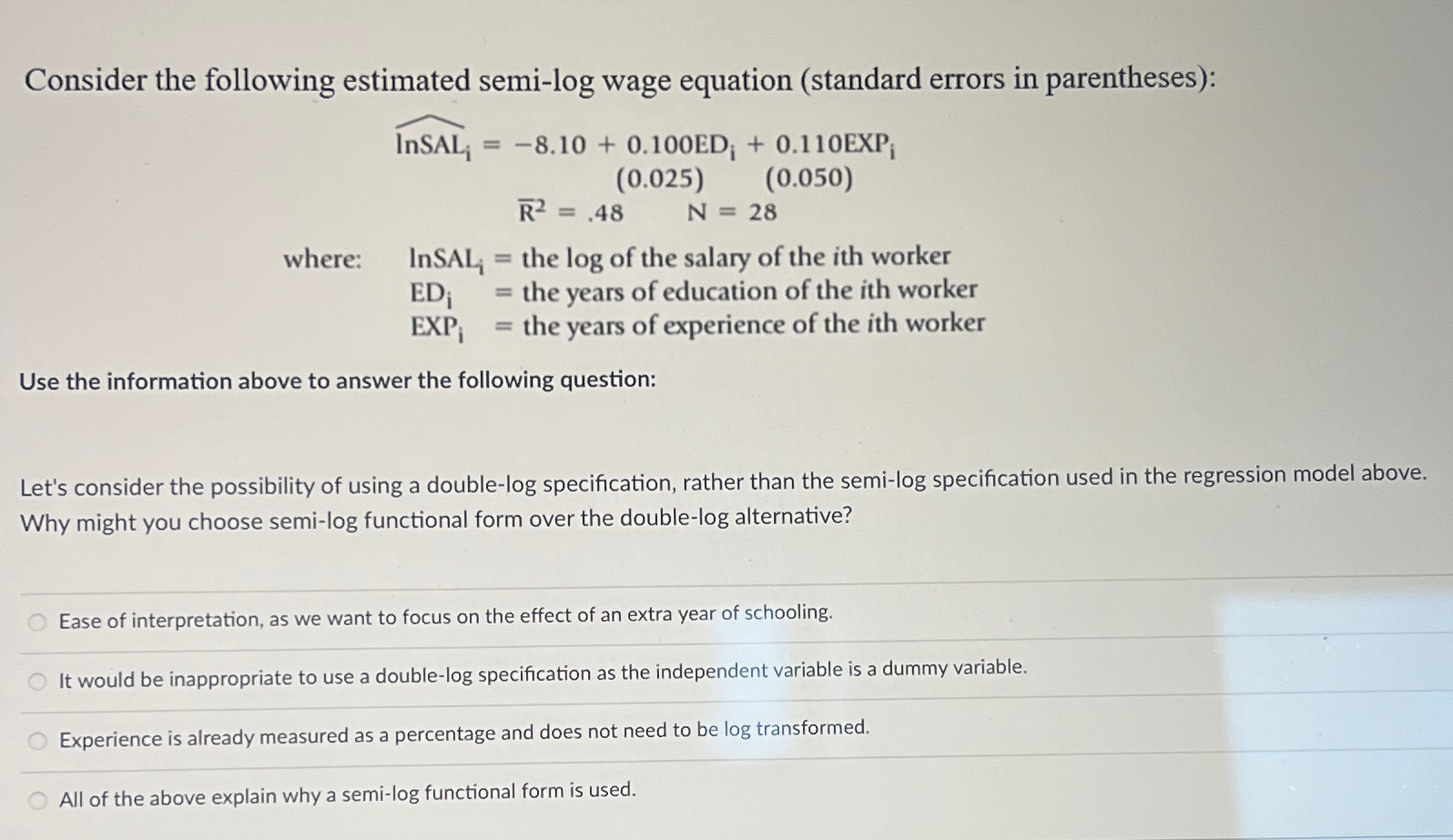 Solved Consider the following estimated semi-log wage | Chegg.com